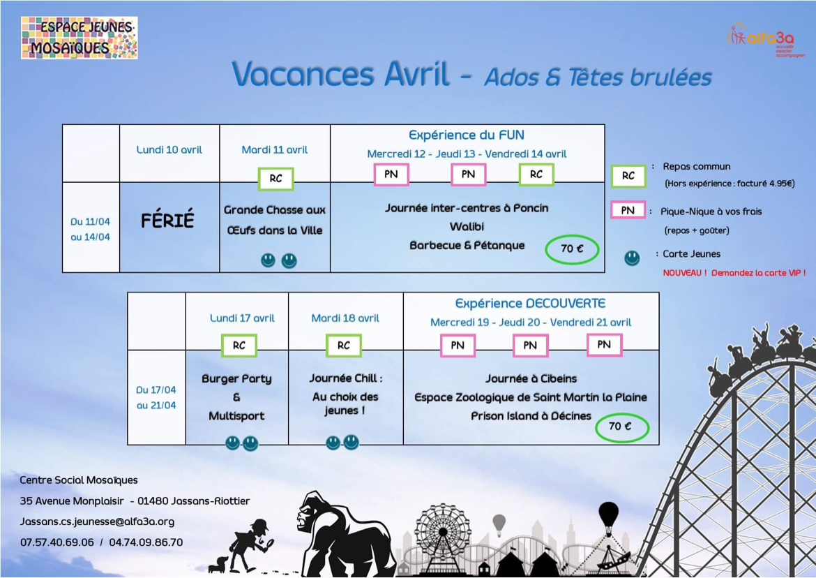 Planning Vacances Avril Ados & Têtes Brulées – Centre Social Mosaïques